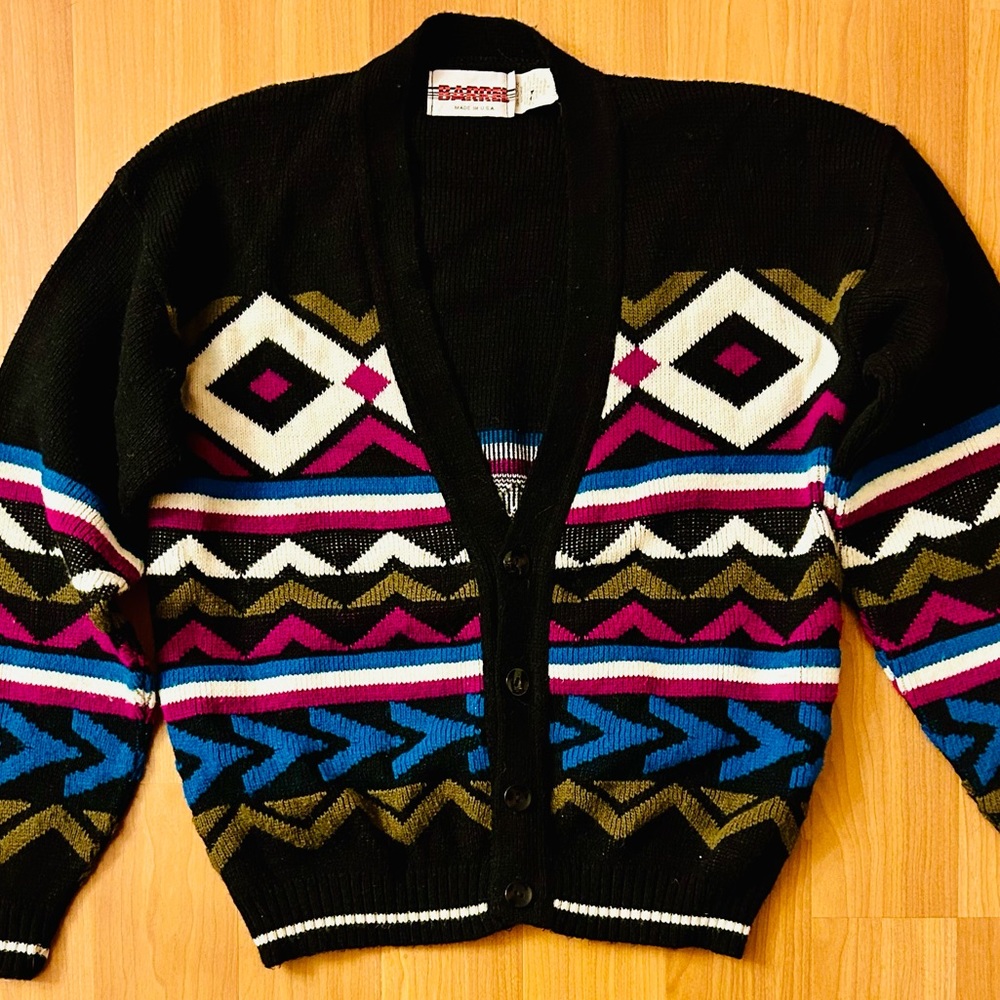 Rad Vintage 80s Triangle And Diamond Striped Cardigan… - Gem